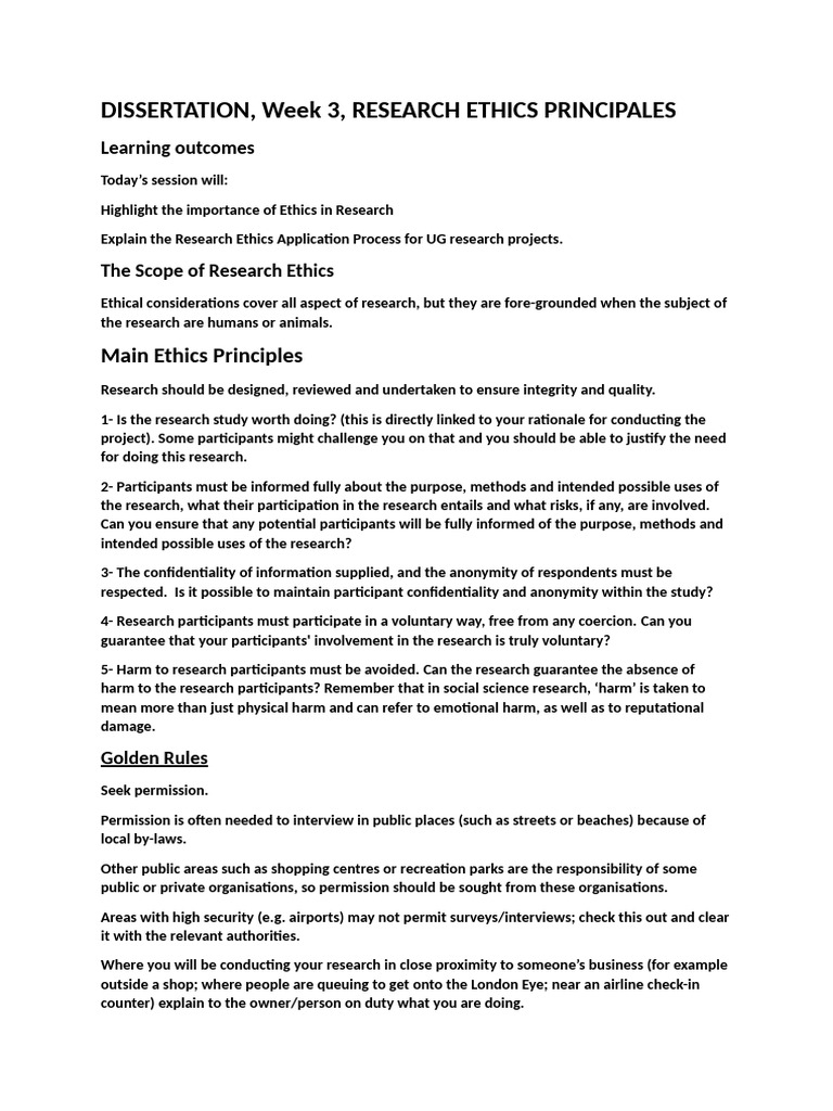 Dissertation, Week 3, Research Ethics Principales | PDF | Data