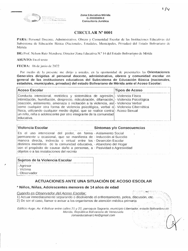 Circular 0001 Acoso y Violencia Escolar-1 | PDF