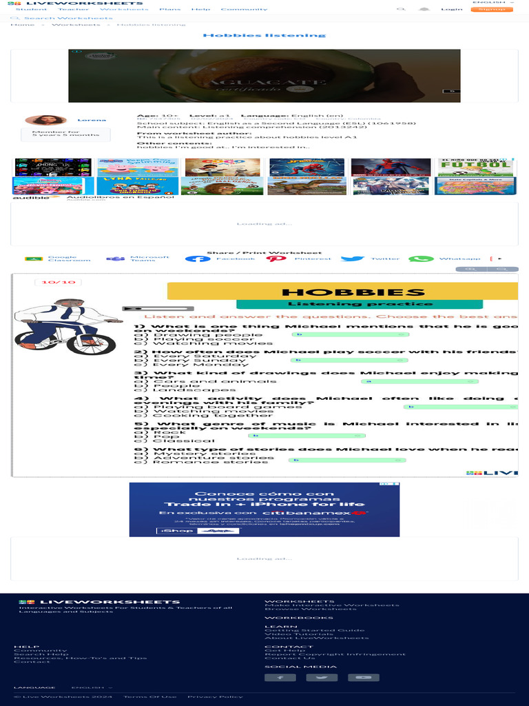 Hobbies Listening Lorena Live Worksheets | PDF | Worksheet