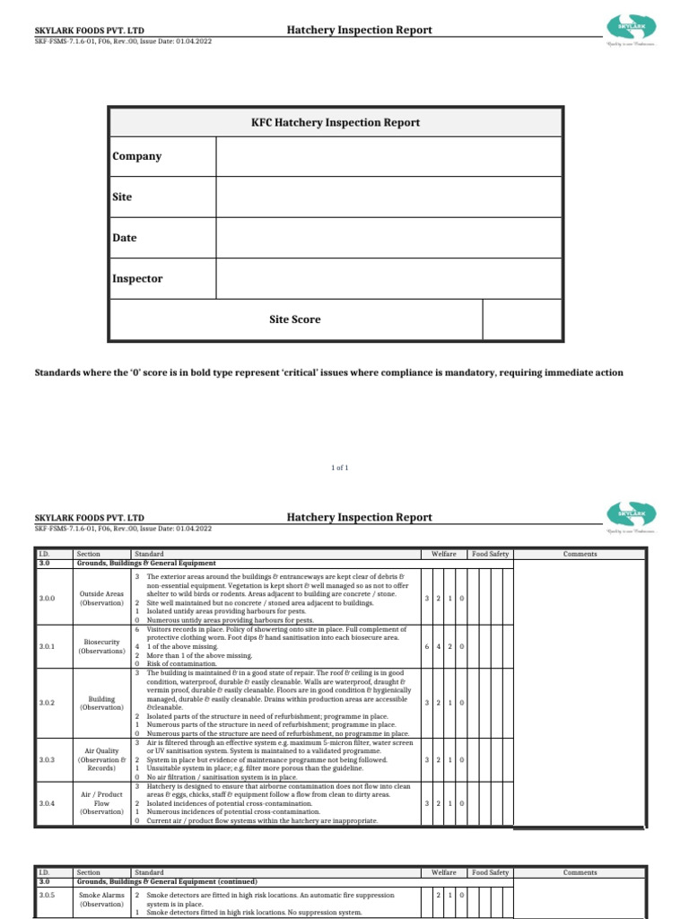 Hatchery - Audit Checklist | PDF | Food Safety | Transport