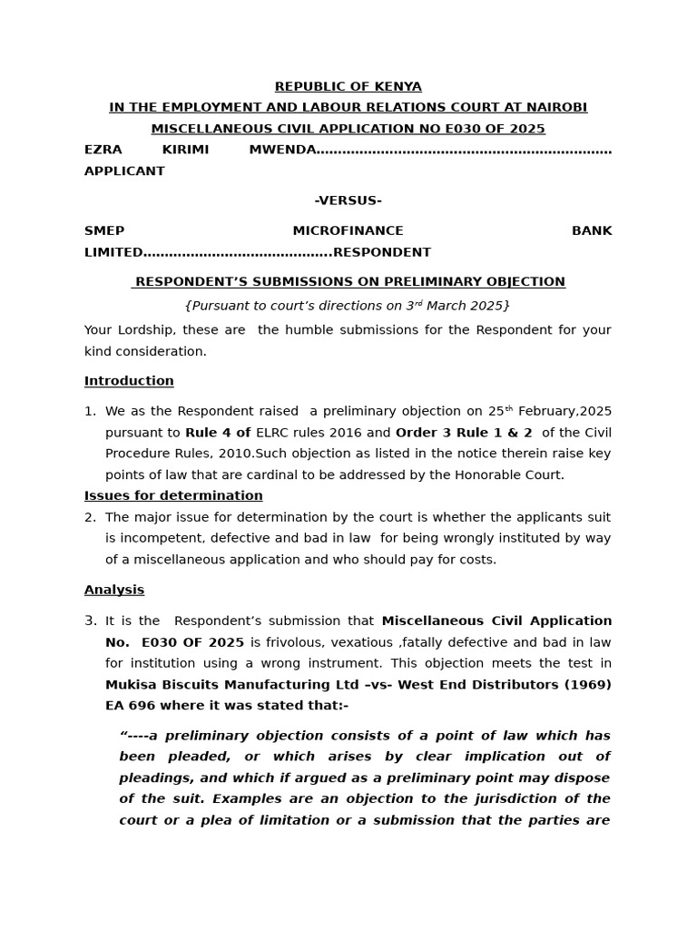 Draft Submissions On PO Smep Microfinance (DN20250403) | PDF | Lawsuit | Public Law