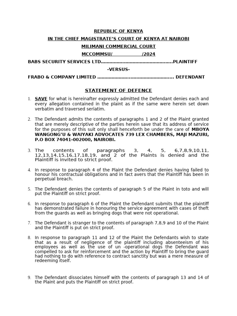 Draft defence Babs Security-(14 January 2024) | PDF | Civil Law (Legal ...