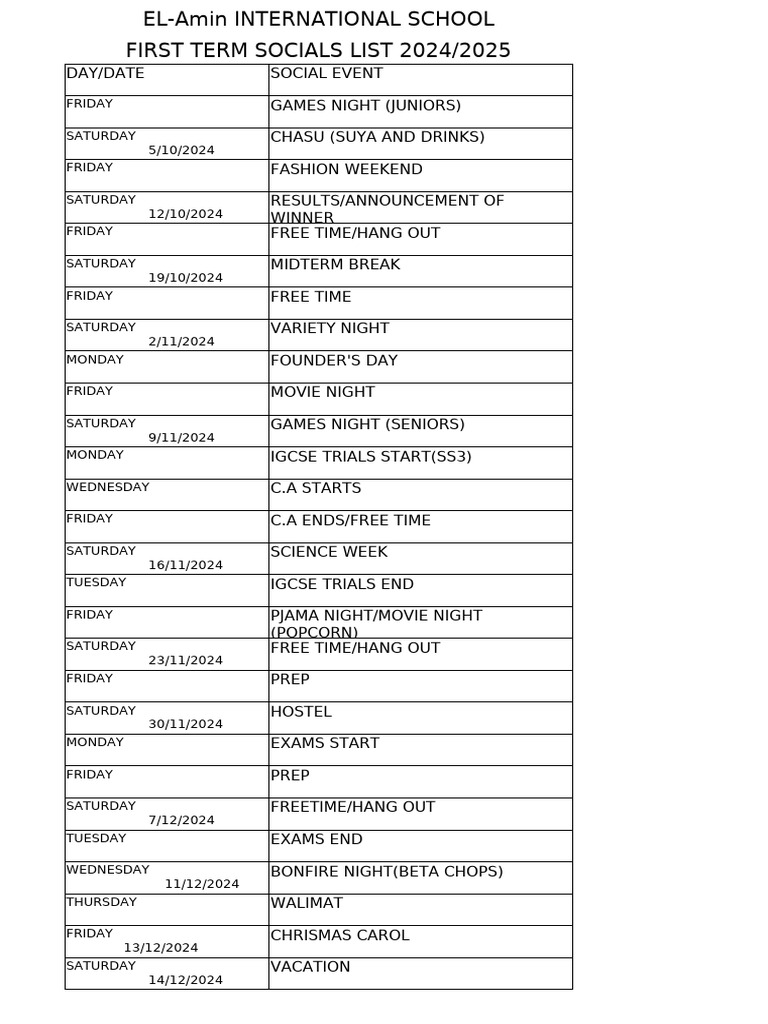 Social Events LIst 2024-2025 | PDF