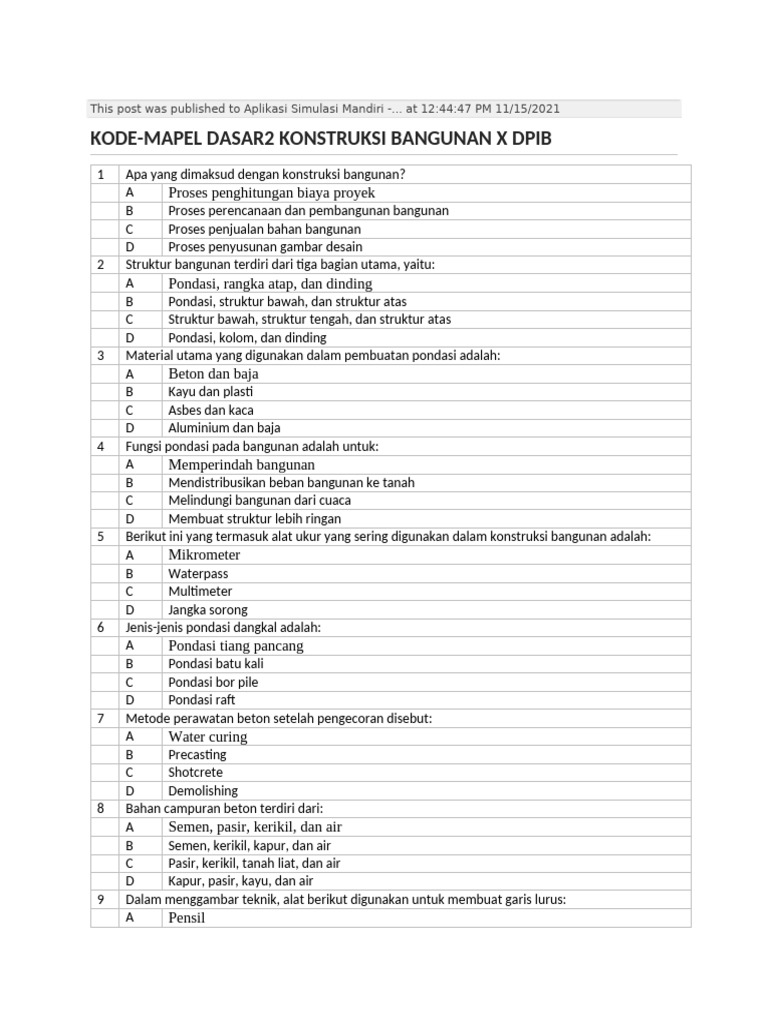 Soal Dasar Konstruksi Bangunan Kelas X Dpib | PDF
