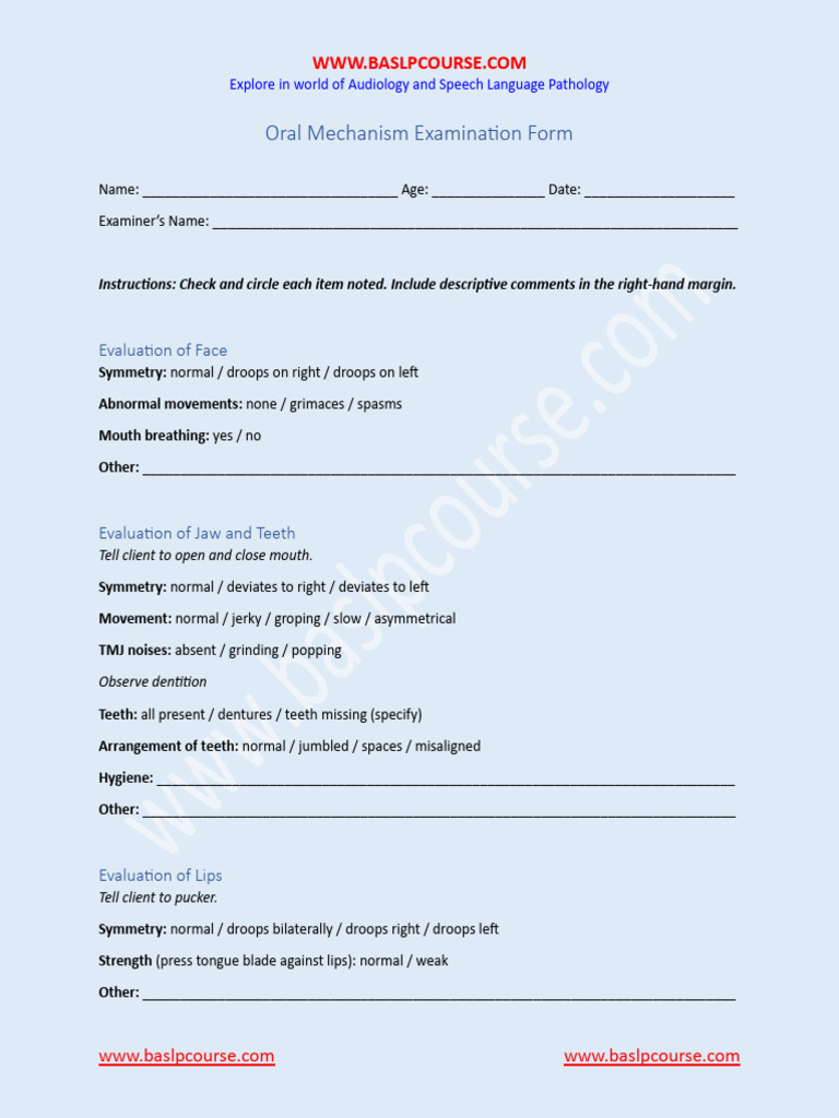 Pediatric Oral Mechanism Exam Form | PDF | Tongue | Mouth