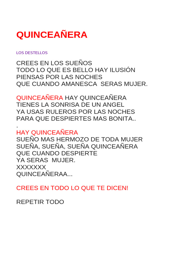 Letra de Quinceañera - Los Destellos | PDF