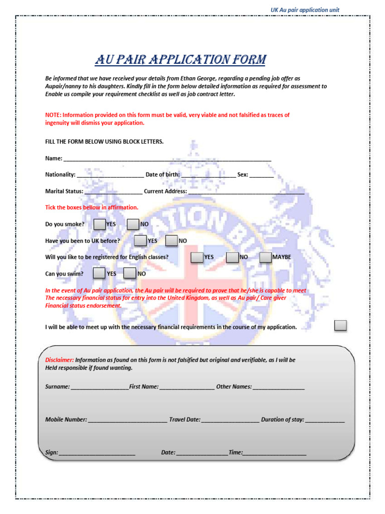 Au Pair Application Form - 1 | PDF