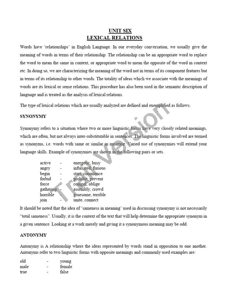 Language and Linguistics - Unit 6 - Lexical Relations - Sharether.com | PDF | Semantics ...