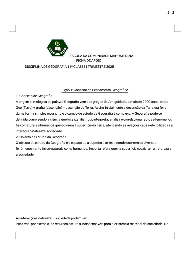 Ficha de geo 11a classe | PDF | Geografia | Método científico