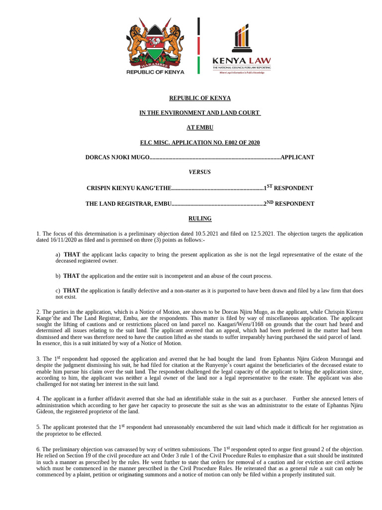 Dorcas Njoki Mugo V Crispin Kienyu Kangethe Another 2021KEELC770 (KLR) | PDF | Lawsuit | Public Law