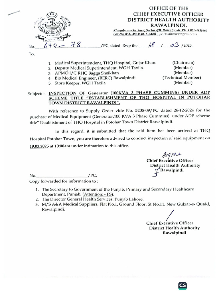 Physical Inspection of Generator of THQ Pothohar | PDF
