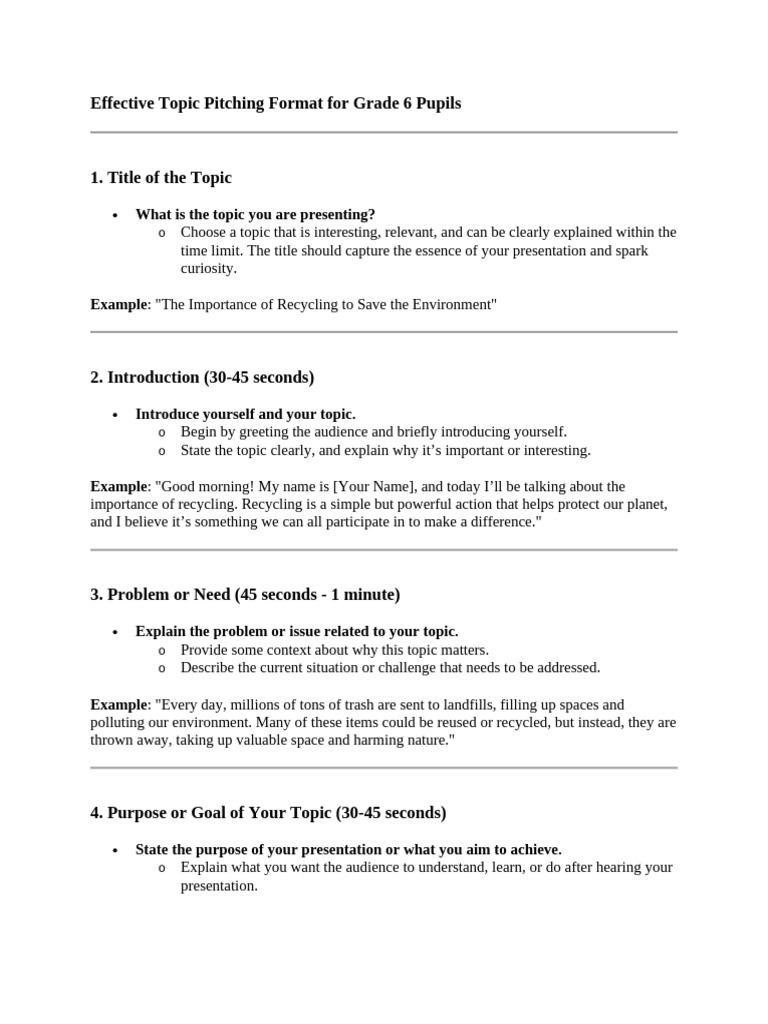Effective Topic Pitching Format For Grade 6 Pupils | PDF | Recycling ...