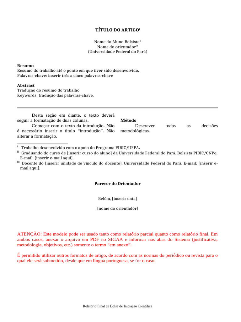 MODELO - RELATORIO - PIBIC - FORMATO - ARTIGO - CIENTIFICO - Parcial Ou Final - 2023-2024 | PDF