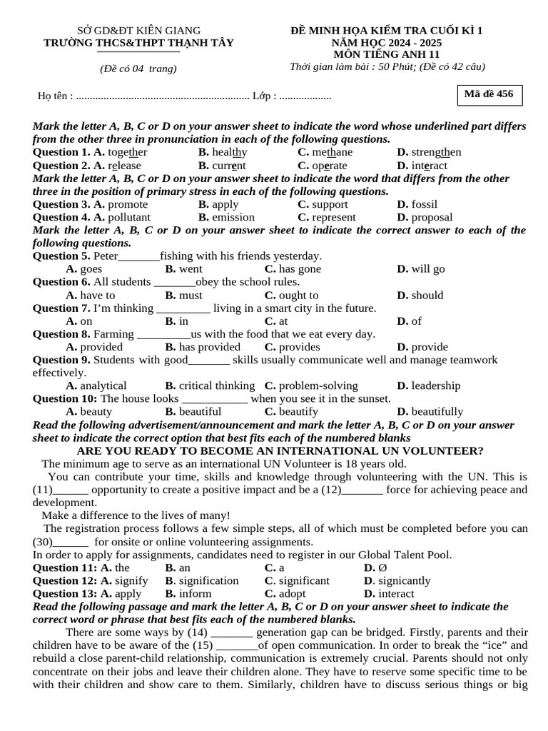 Đề Tham Khảo 05 Cki, k11 (Thạnh Tây) | PDF | Adolescence | Behavioural Sciences