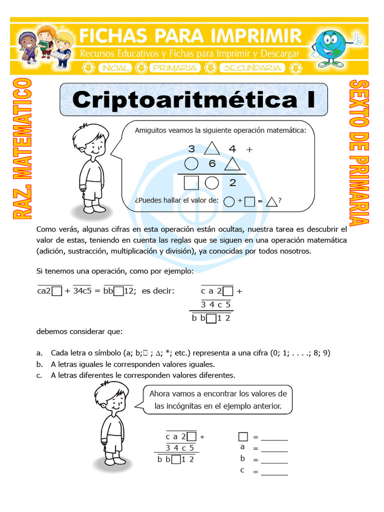 Ejercicios de Criptoaritmética para Sexto de Primaria | PDF | División (Matemáticas) | Sustracción