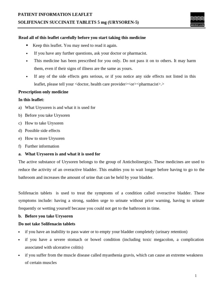 Solifenacin 5mg Patient Information Guide | PDF | Medical Specialties ...