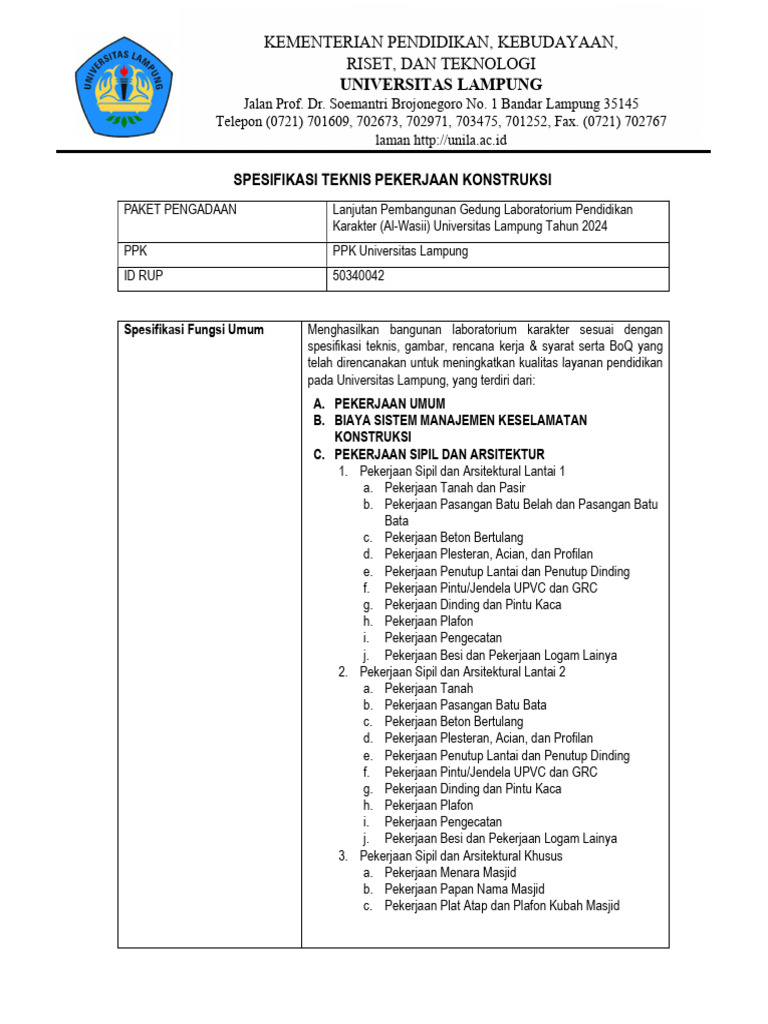 01 Spesifikasi Teknis Pemb GD Lab Karakter Alwasii 2024 Tayang | PDF