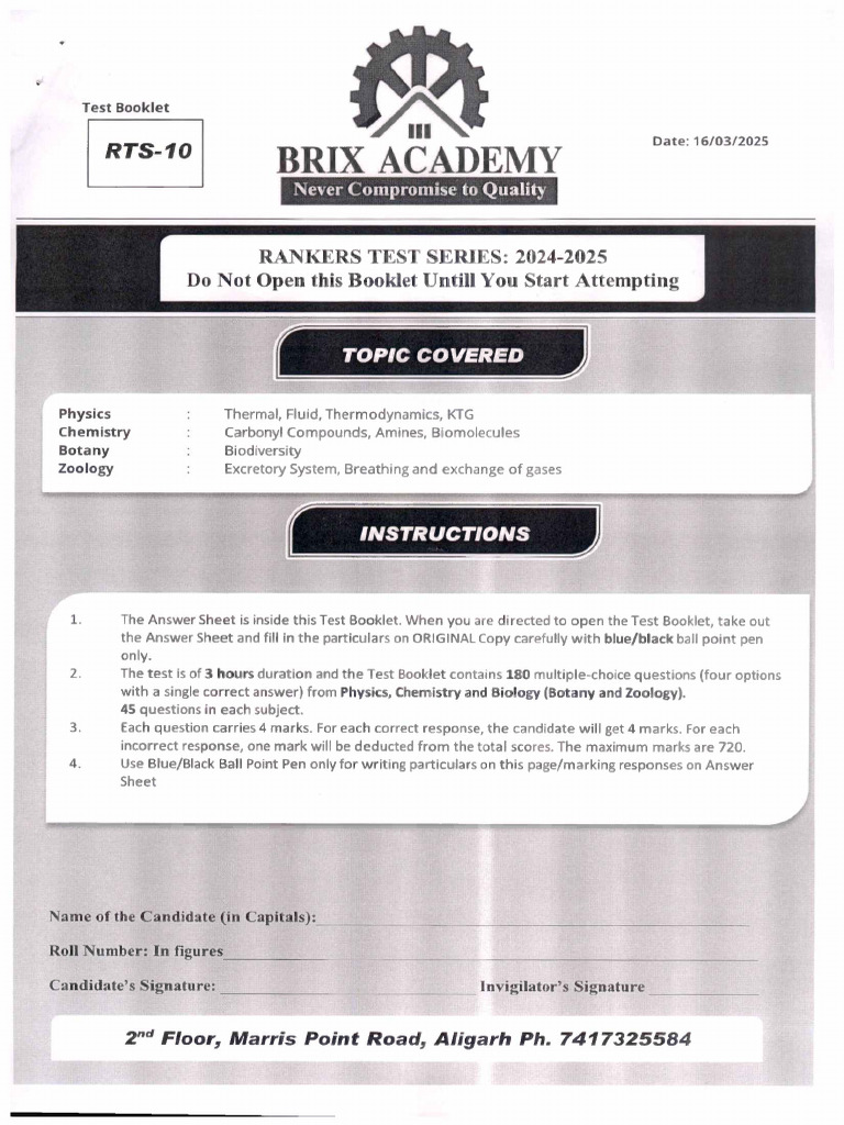Chemistry Solution Rts-10 Phase-1 Date 16-03-2025 | PDF