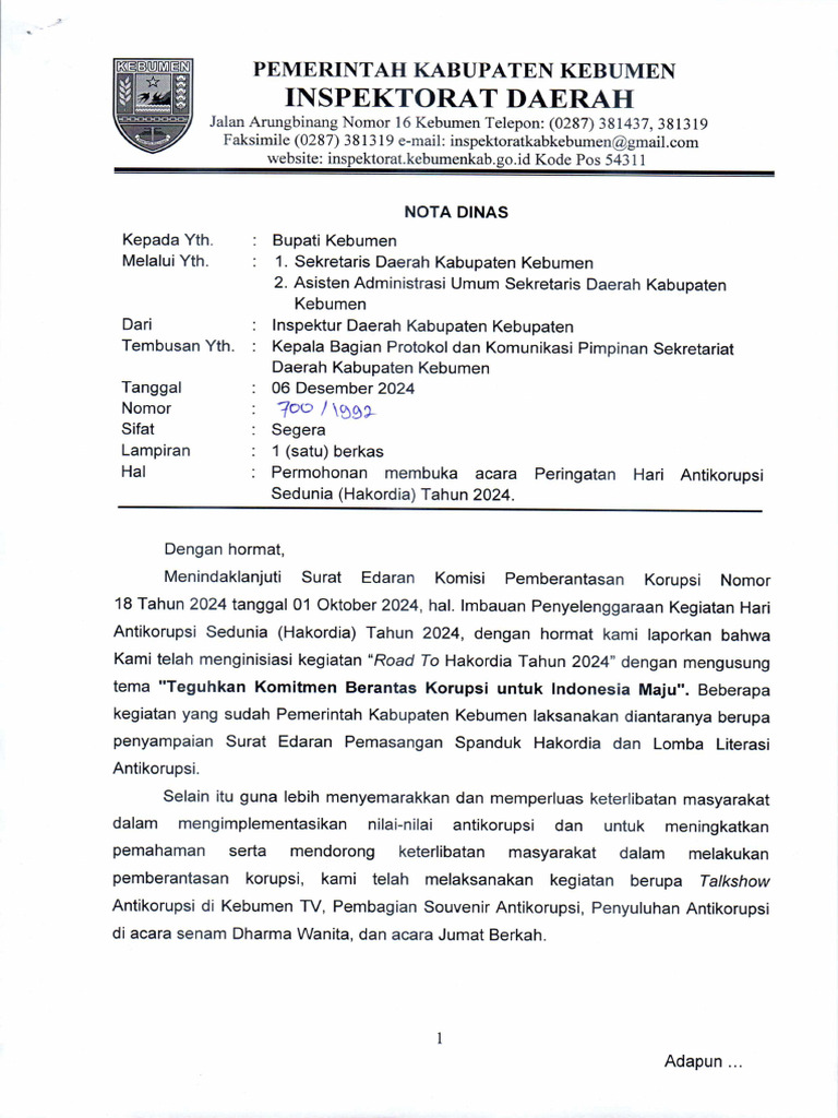 Permohonan Membuka Acara HAKORDIA Bupati | PDF