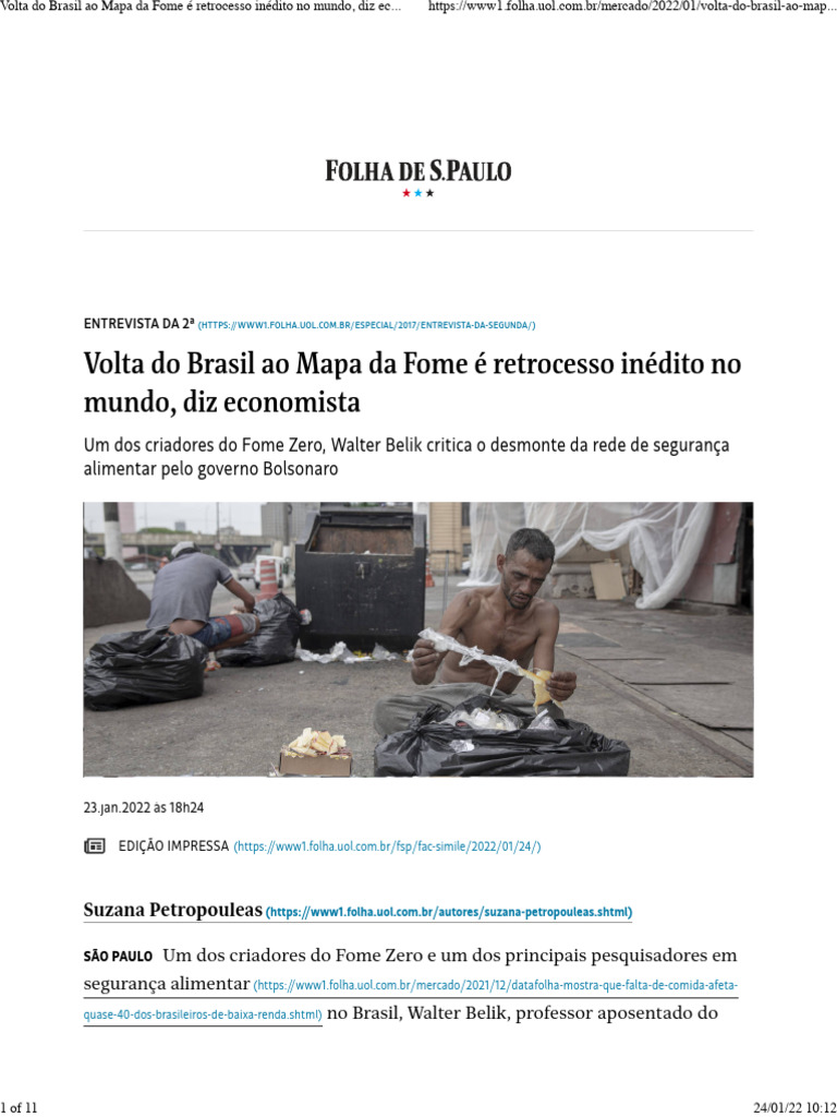 Volta Do Brasil Ao Mapa Da Fome É Retrocesso Inédito No Mundo, Diz ...