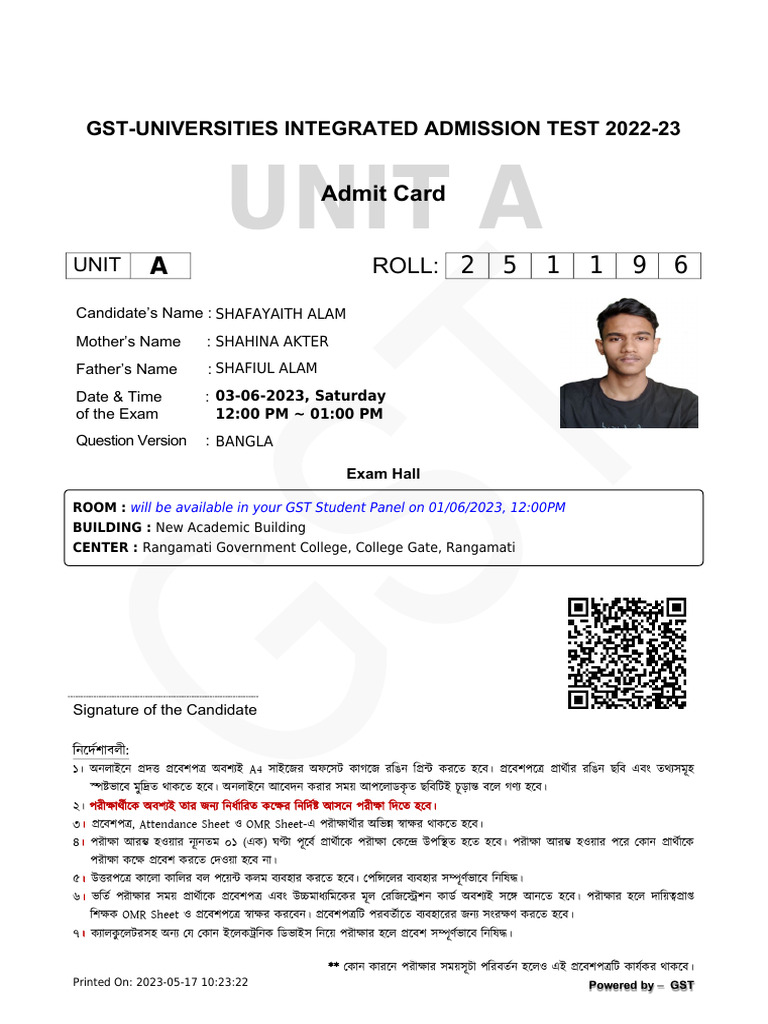 Unit A: Admit Card | PDF