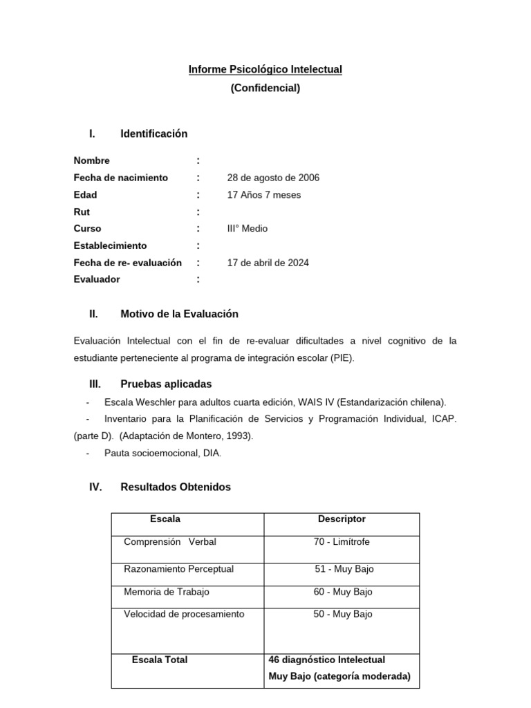 Informe WAIS TIPO incluye ICAP 2024 | PDF | Escala de inteligencia para adultos de Wechsler ...