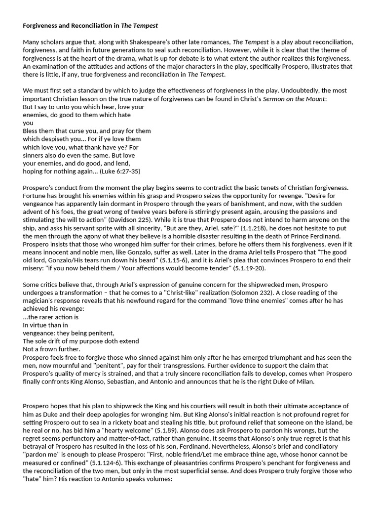 Forgiveness and Reconciliation in The Tempest - online essay | PDF | The Tempest | Forgiveness