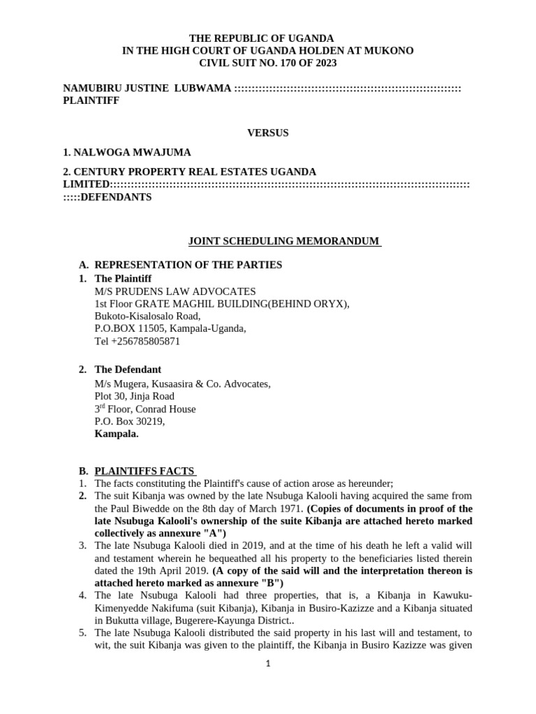Joint Scheduling Memorandum Uganda | PDF | Lawsuit | Alternative ...