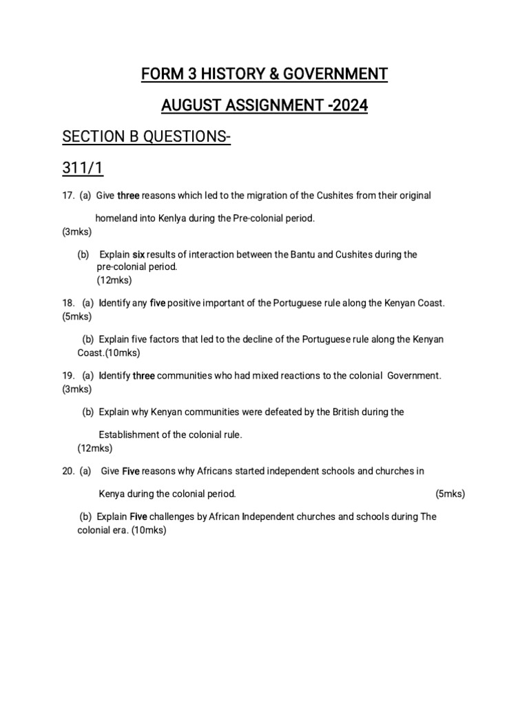 F3 August History Assignment Assignments - Form 3 - History | PDF