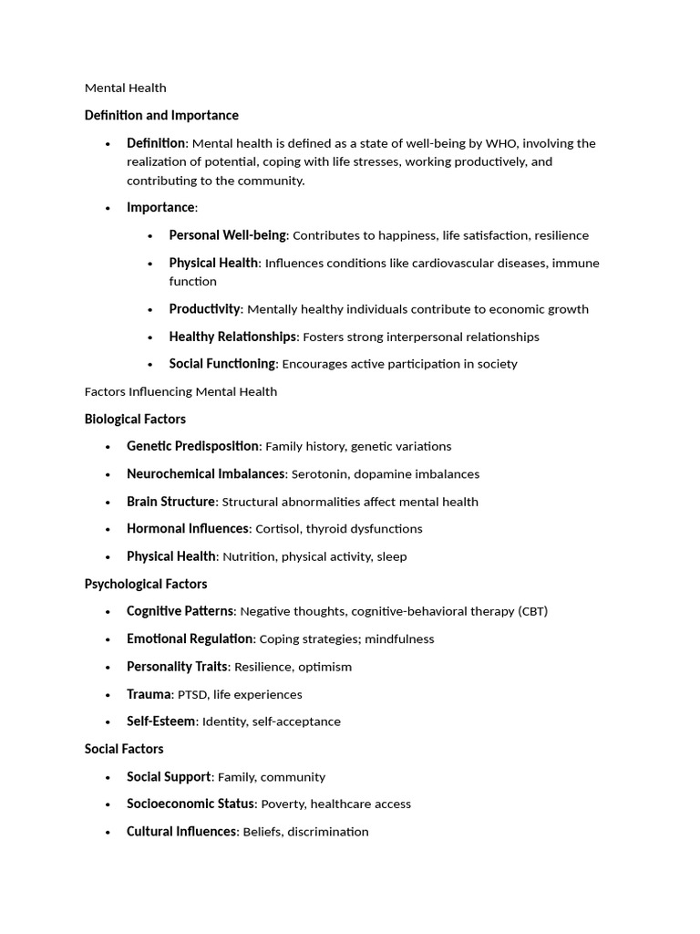UNIT 1 Mental Health Notes | PDF | Mental Health | Mental Disorder