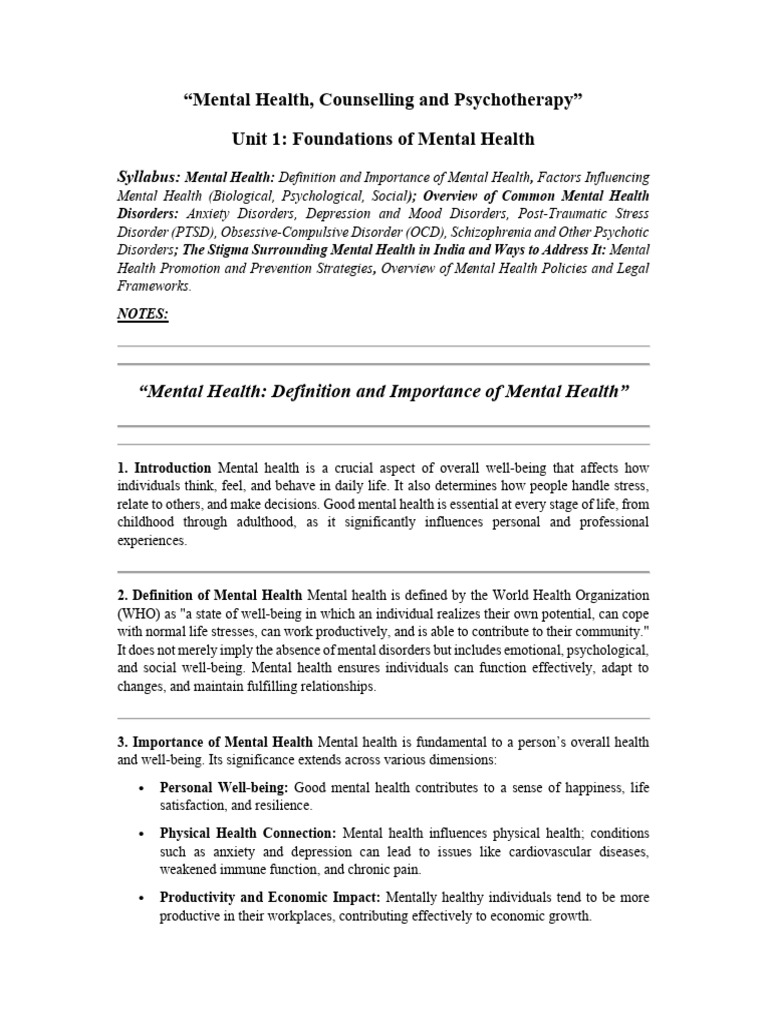 Unit 1 Foundations of Mental Health | PDF | Obsessive–Compulsive ...