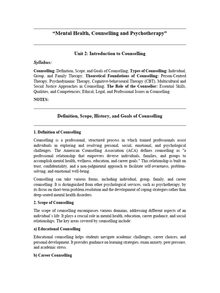Unit 2 Introduction To Counselling | PDF | Psychotherapy | Counseling ...