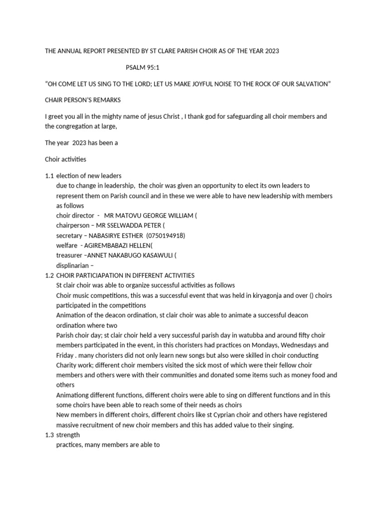 The Annual Report Presented by ST Clare Parish Choir As of The Year 2023 | PDF