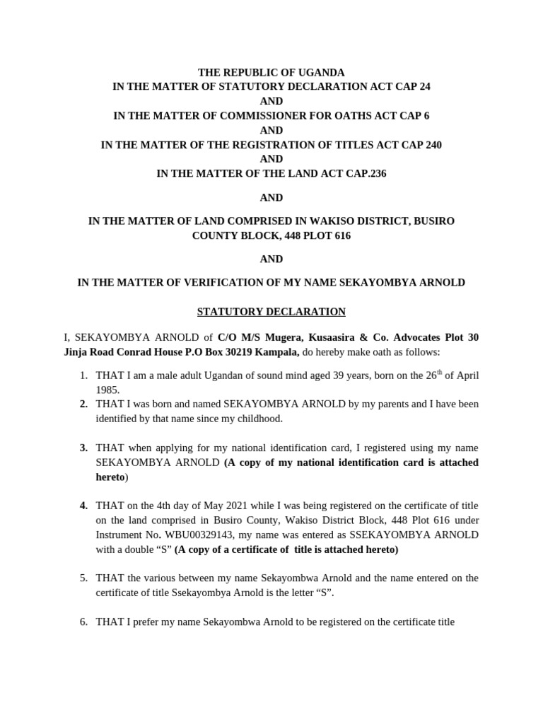 Statutory Declaration of Sekayombya Arnold For Rectitification of Title ...