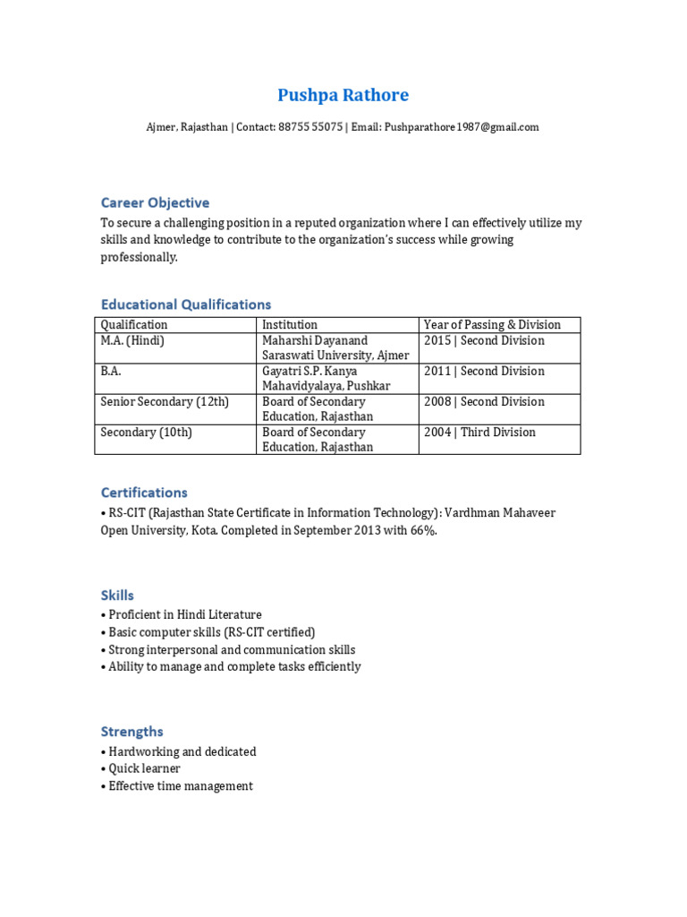 Pushpa Rathore Resume | PDF
