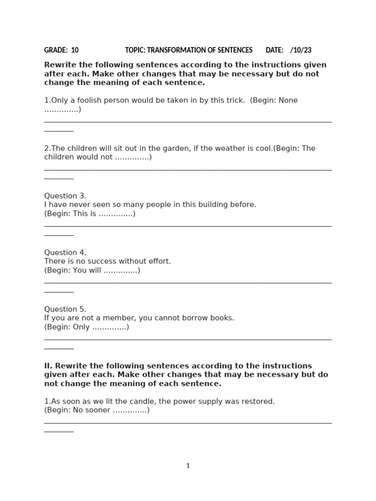 Transformation of Sentences - Revision | PDF