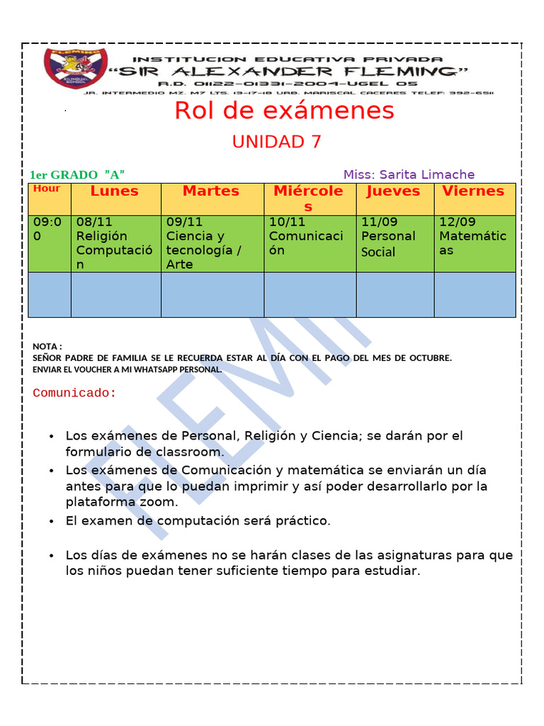 Rol de Examenes UNIDAD | PDF
