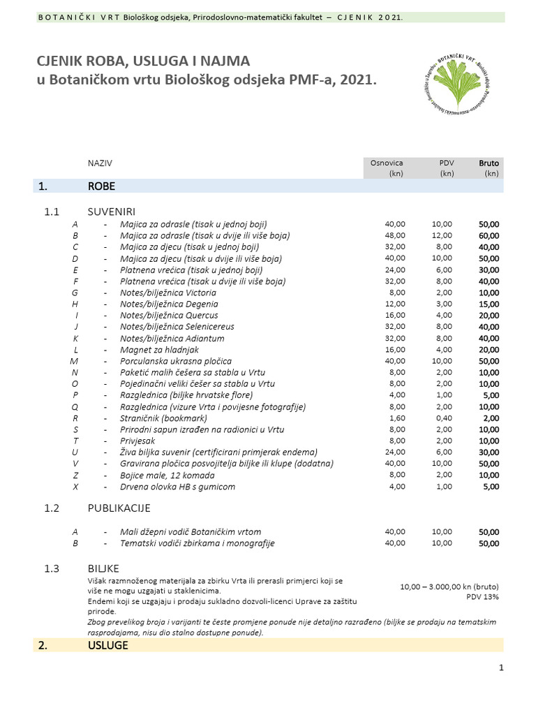 Cjenik Botanicki VRT 2021 | PDF