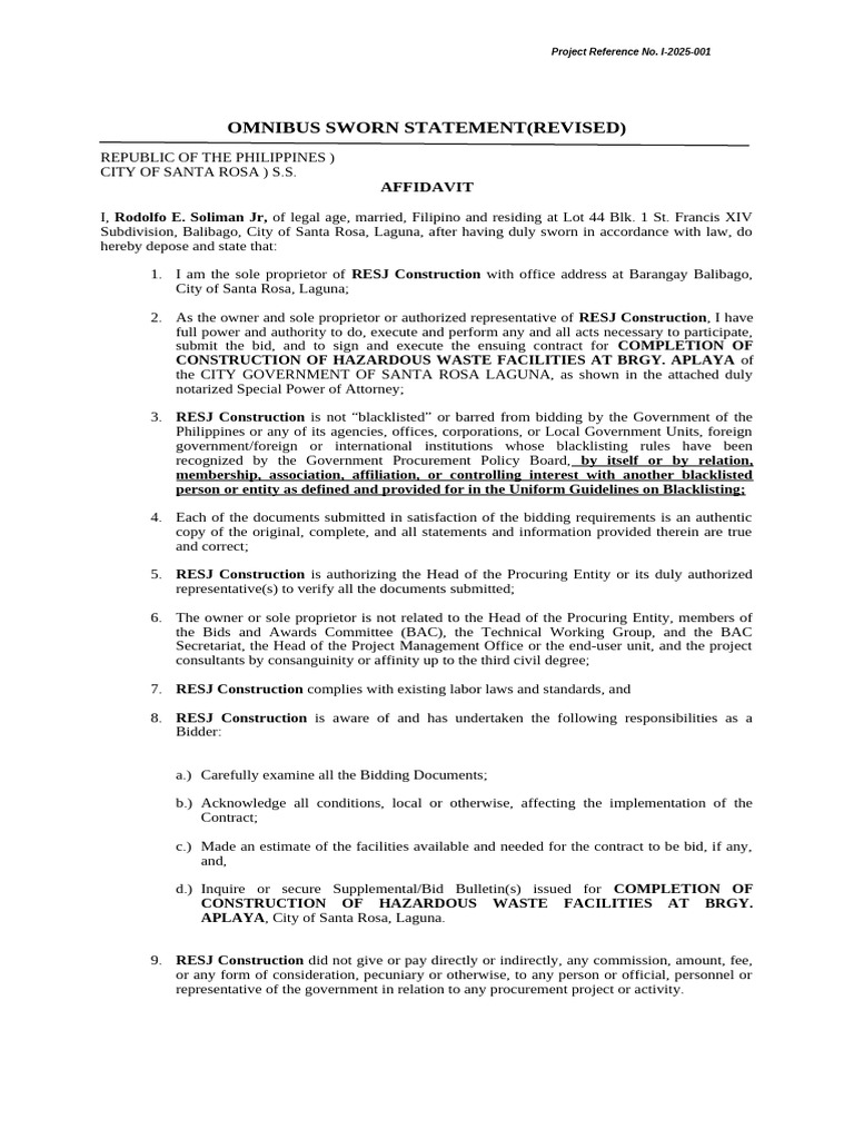 Omnibus Sworn Statement and Bid Securing Nov 2018 | PDF | Affidavit | Fraud