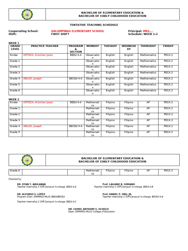 Tentative Schedule of Teaching | PDF