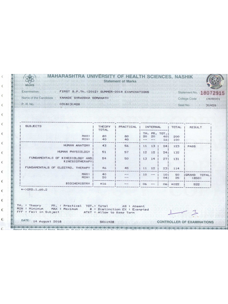 First Year Marksheet To Send | PDF