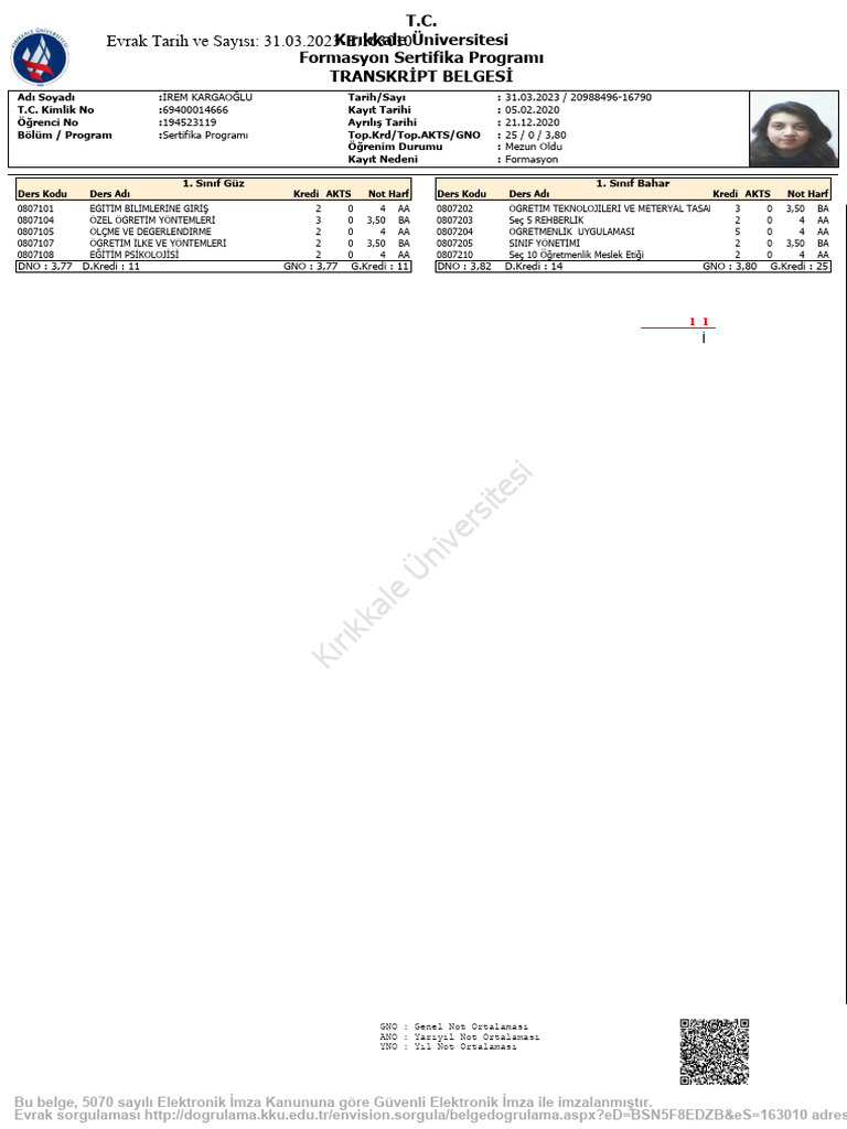 Transkript (İREM KARGAOĞLU) | PDF