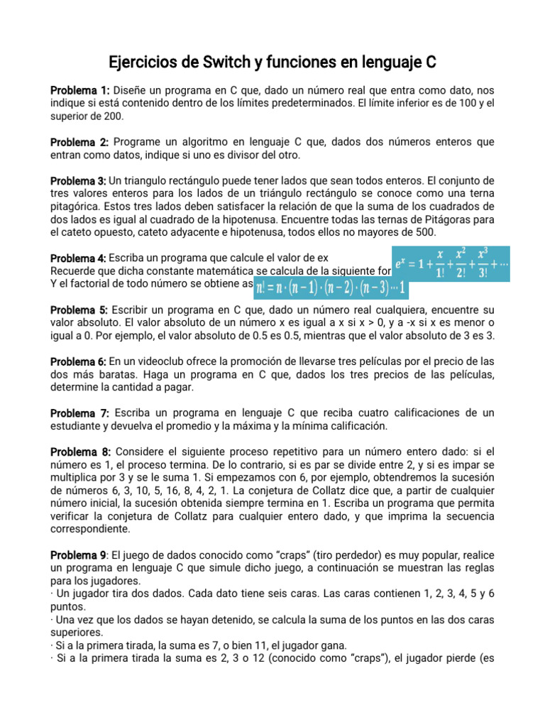 Ejercicios de Switch y Funciones en Lenguaje C | PDF