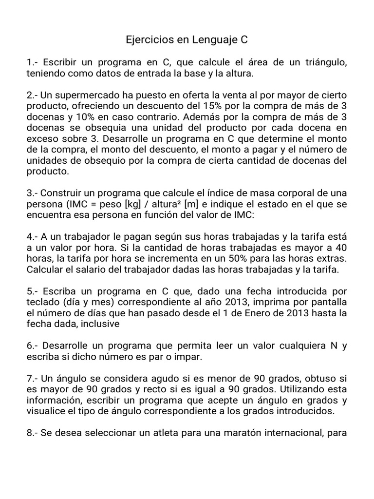 Ejercicios en Lenguaje C (No Resueltos) | PDF