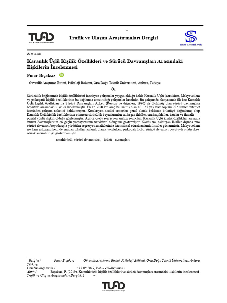 Karanl K L Ki Ilik Zellikleri Ve S R C Davran Lar Aras Ndaki Li Kilerin Ncelenmesi (#605194 ...