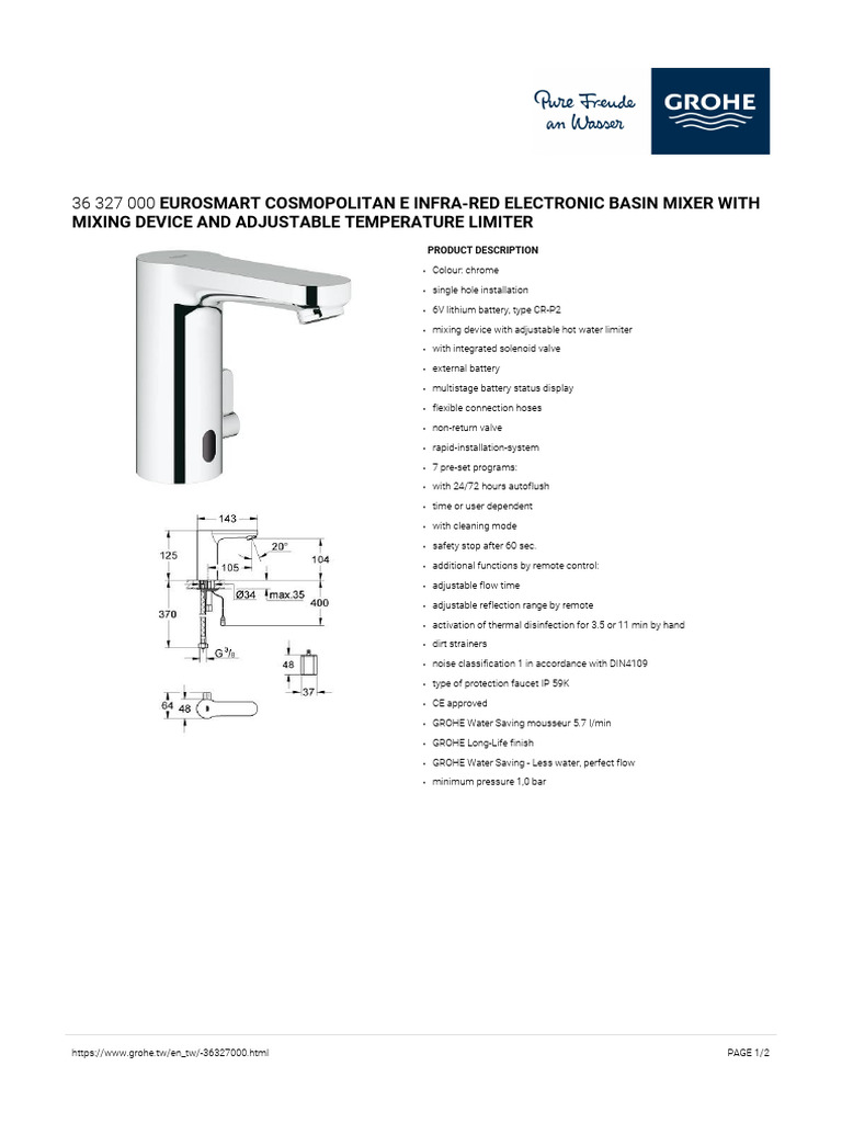 GROHE Specification Sheet 36327000 | PDF | Valve | Washing Machine