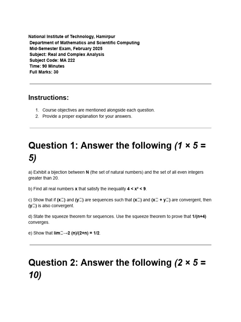 Real and Complex Analysis Exam MA 222 | PDF