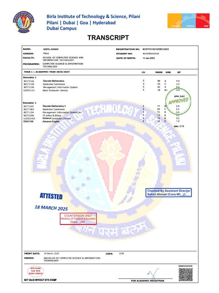 BITS Pilani Transcript | PDF