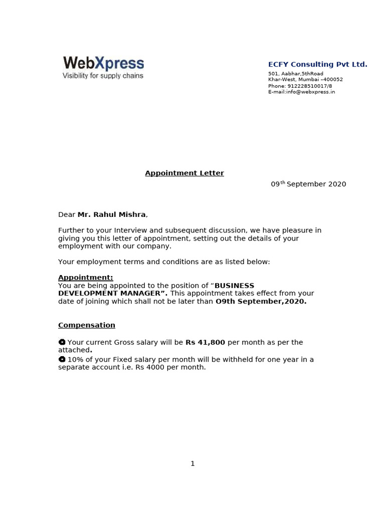 Appointment Letter for Business Development Manager | PDF