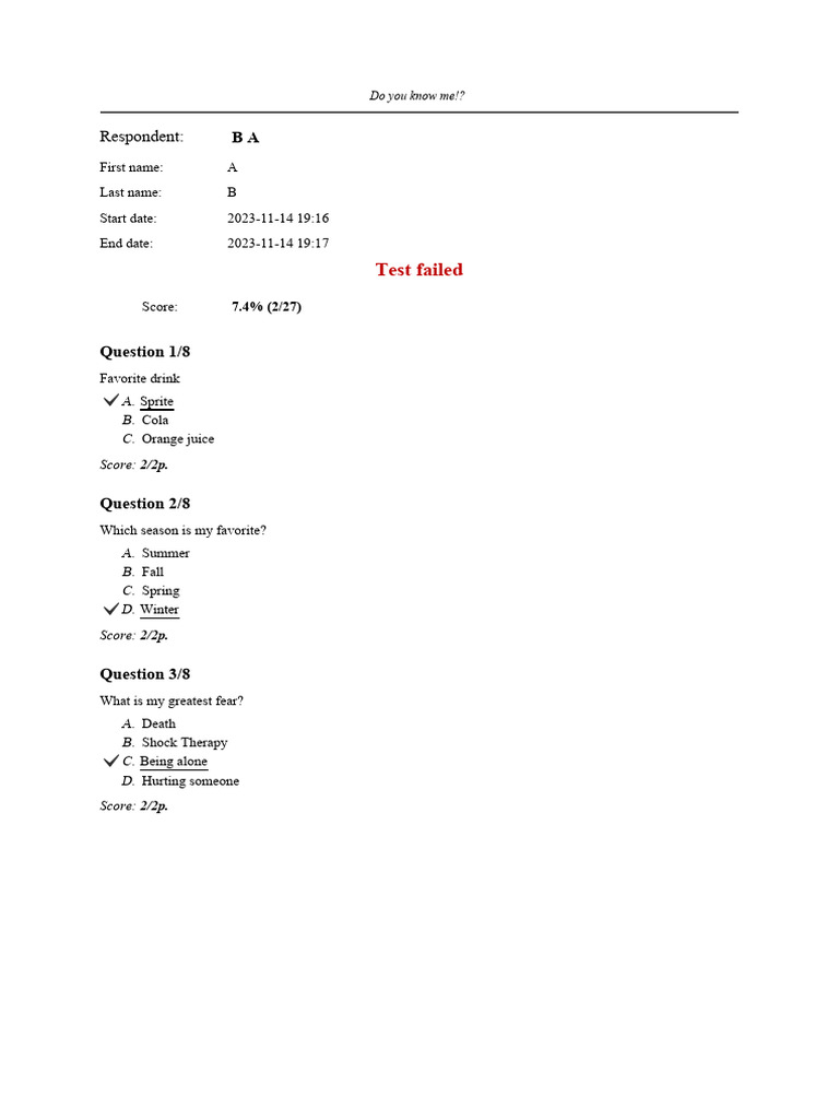 Do You Know Me! - ? - B A - Test Answers | PDF